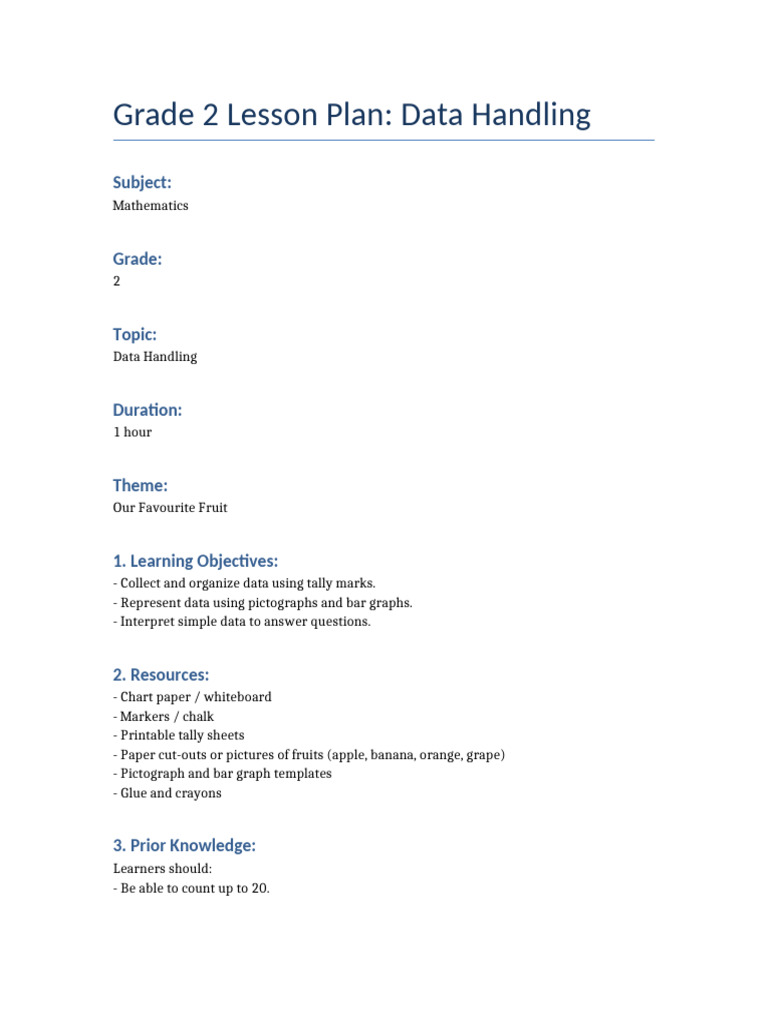 Grade 2 Lesson Plan Data Handling | PDF