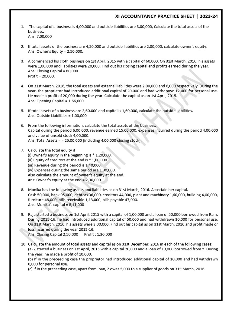 Accounting Equation Practice Sheet | PDF | Equity (Finance) | Financial ...