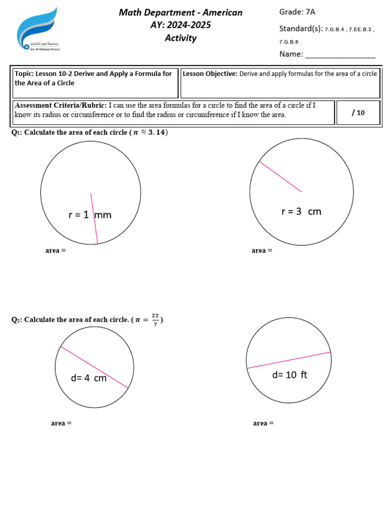 G7 - Activity On Lesson 10-2 Derive and Apply A Formula For The Area of ...