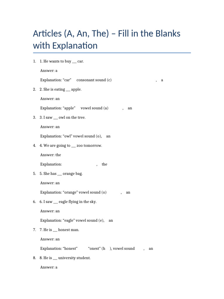 Articles Fill in The Blanks With Explanation | PDF