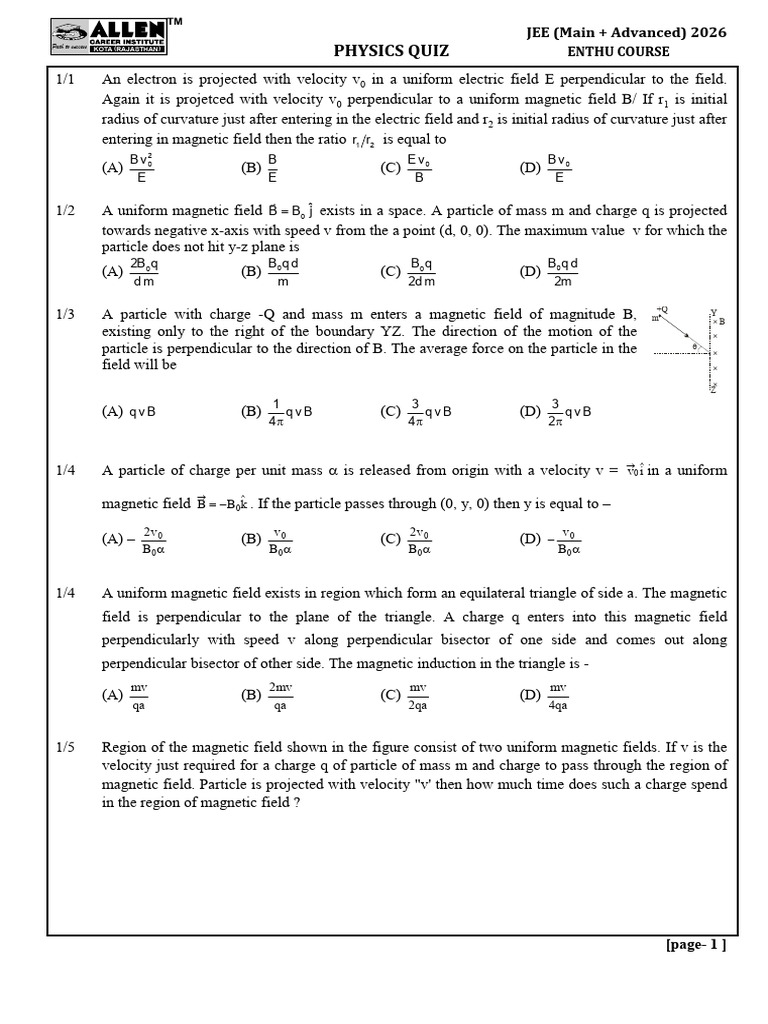 Physics Quiz: RR B E Ev B BV E B BJ | PDF | Electron | Magnetic Field