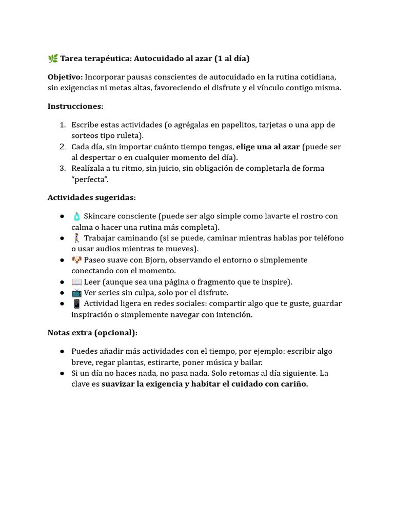 ? Tarea Terapéutica - Autocuidado Al Azar | PDF