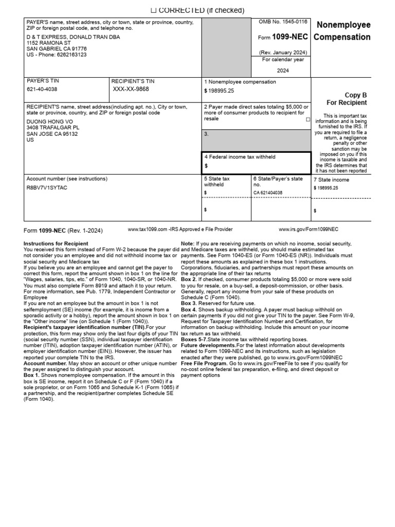 D & T Express, Donald Tran DBA - 1099-Nec 2024 Duonghongvo - 6992 - 1 ...