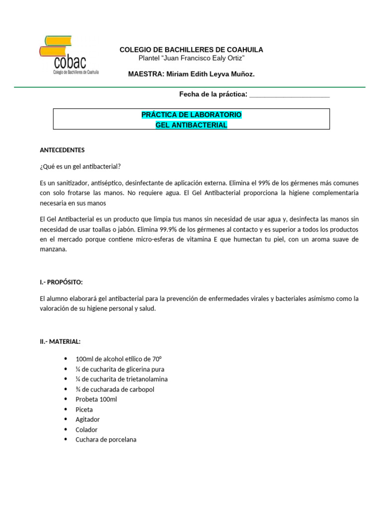 Elaboración de Gel Antibacterial en Laboratorio | PDF | Laboratorios ...