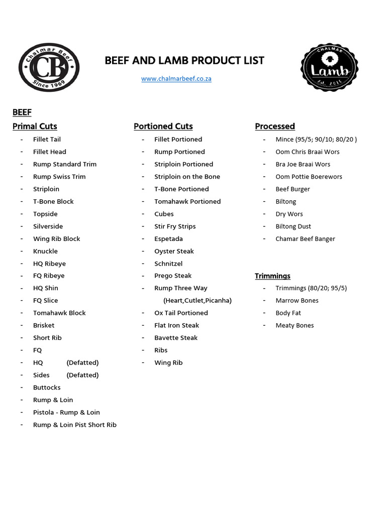 Chalmar Beef Price List Overview | PDF | Steak | Beef