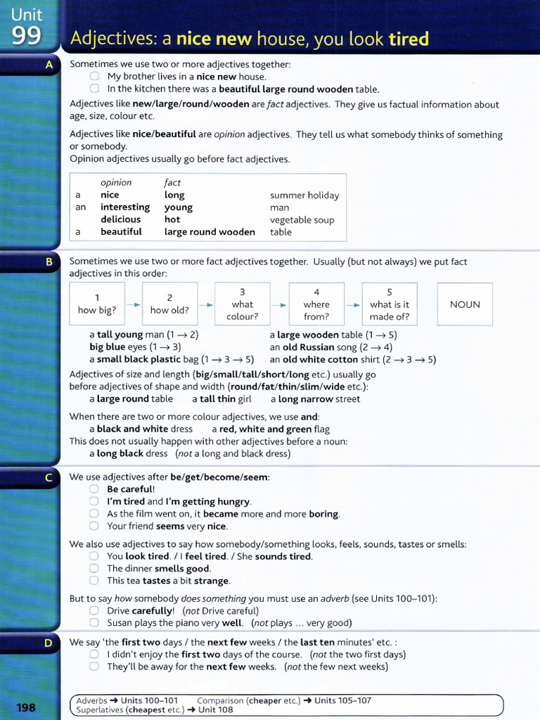 Adjective Usage and Order Guide | PDF | Adjective | Linguistic Morphology