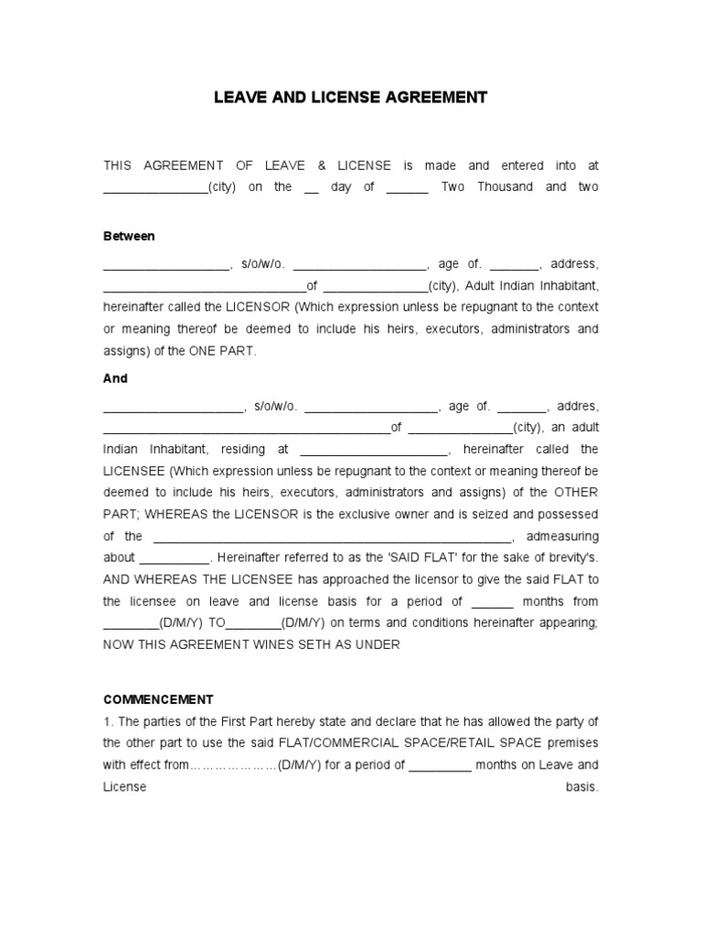 Leave and License Agreement Template | PDF | License | Lease
