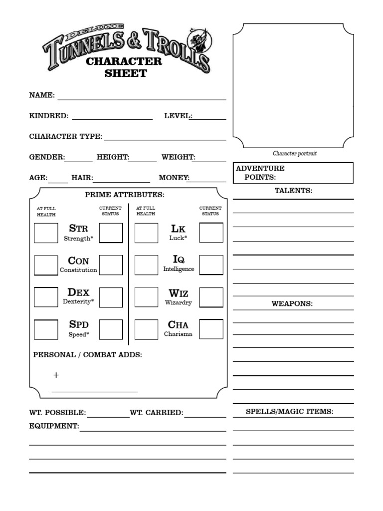 Tunnels & Trolls Deluxe Character Sheet | PDF