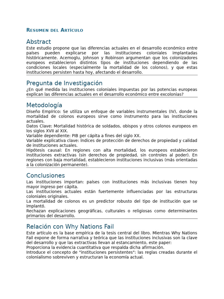 Colonial Acemoglu | PDF | Estadísticas | Economias