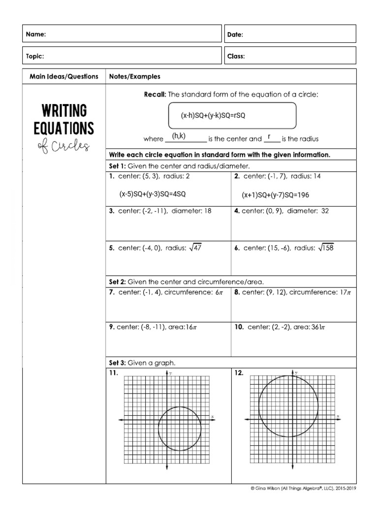 10-6 Writing The Equations of A Circle Notes | PDF