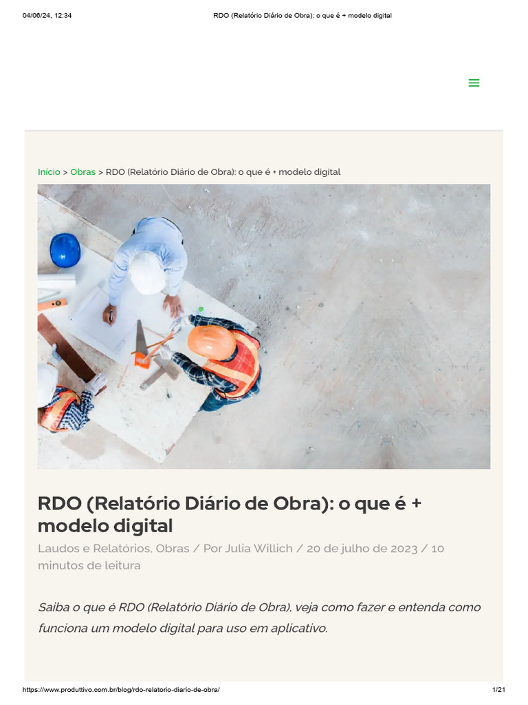 RDO (Relatório Diário de Obra) | PDF | Engenharia Civil | Custo