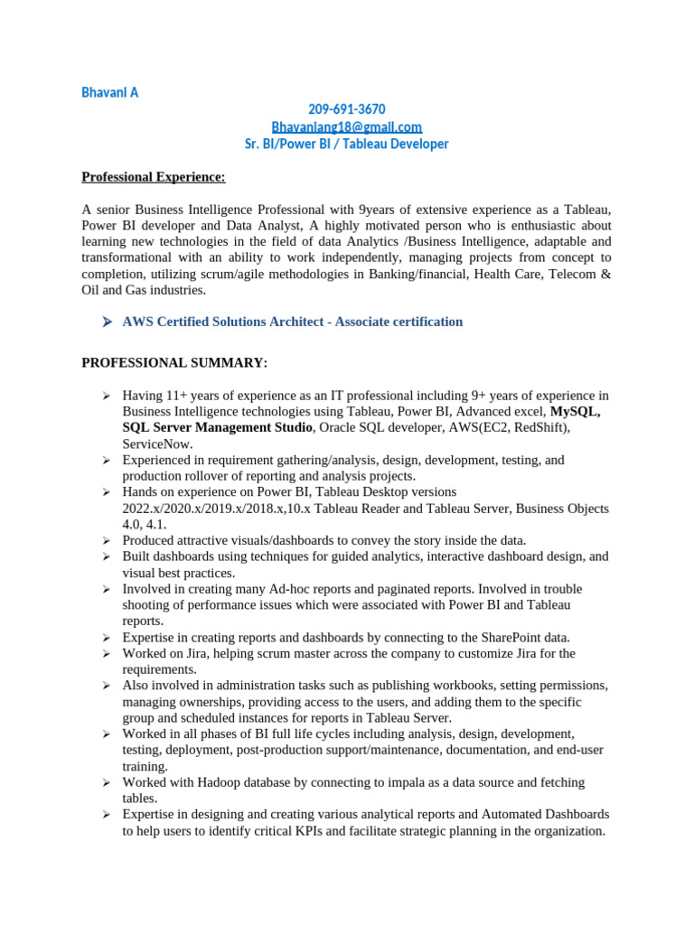 Bhavani - Sr. Tableau Developer | PDF | Data Warehouse | Databases
