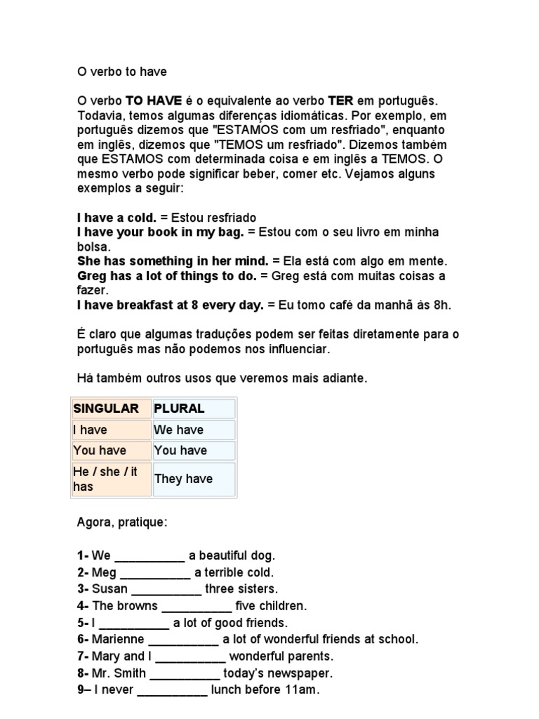 Conjugação e Uso do Verbo To Have | PDF | Artes Linguísticas e ...