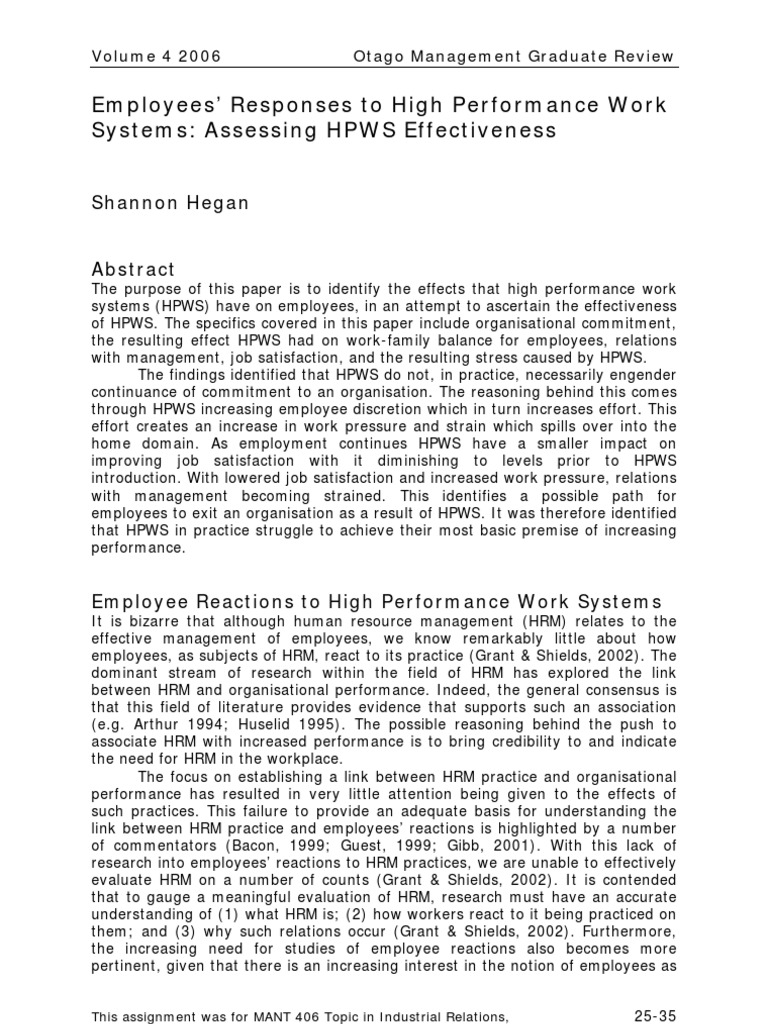 Employees' Responses To High Performance Work Systems: Assessing HPWS ...