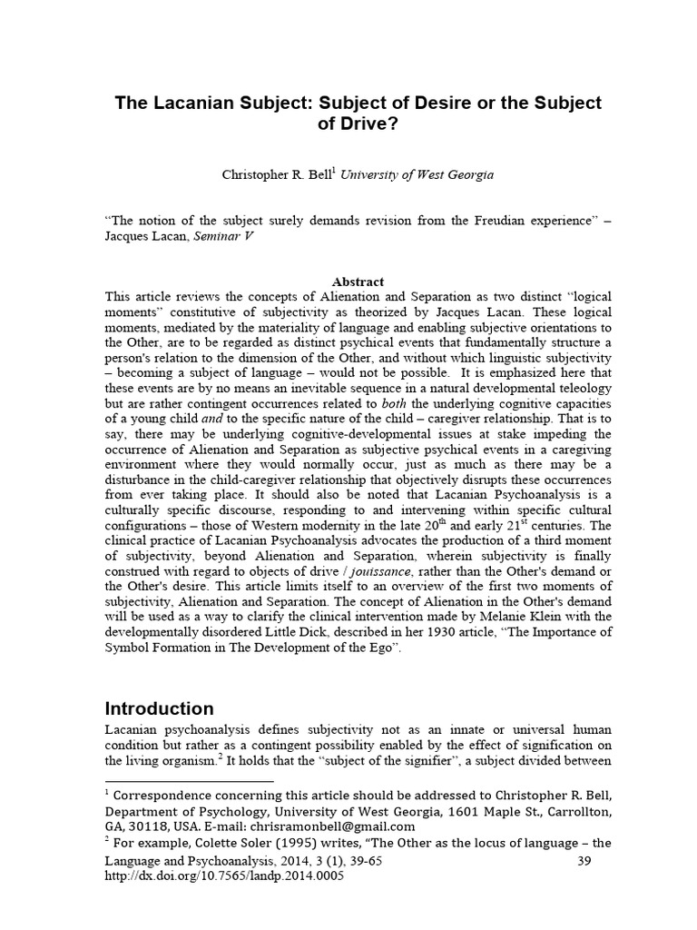 The Lacanian Subject Subject of Desire o | PDF | Jacques Lacan | Sigmund Freud