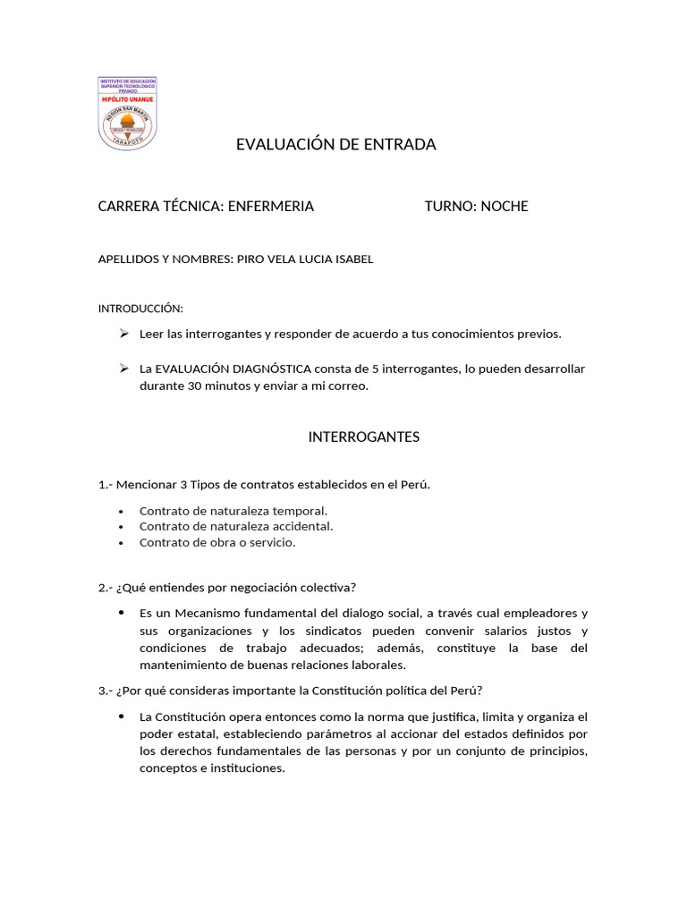 Evaluación de Entrada - Legislación Lucia Isabel Piro Vela | PDF