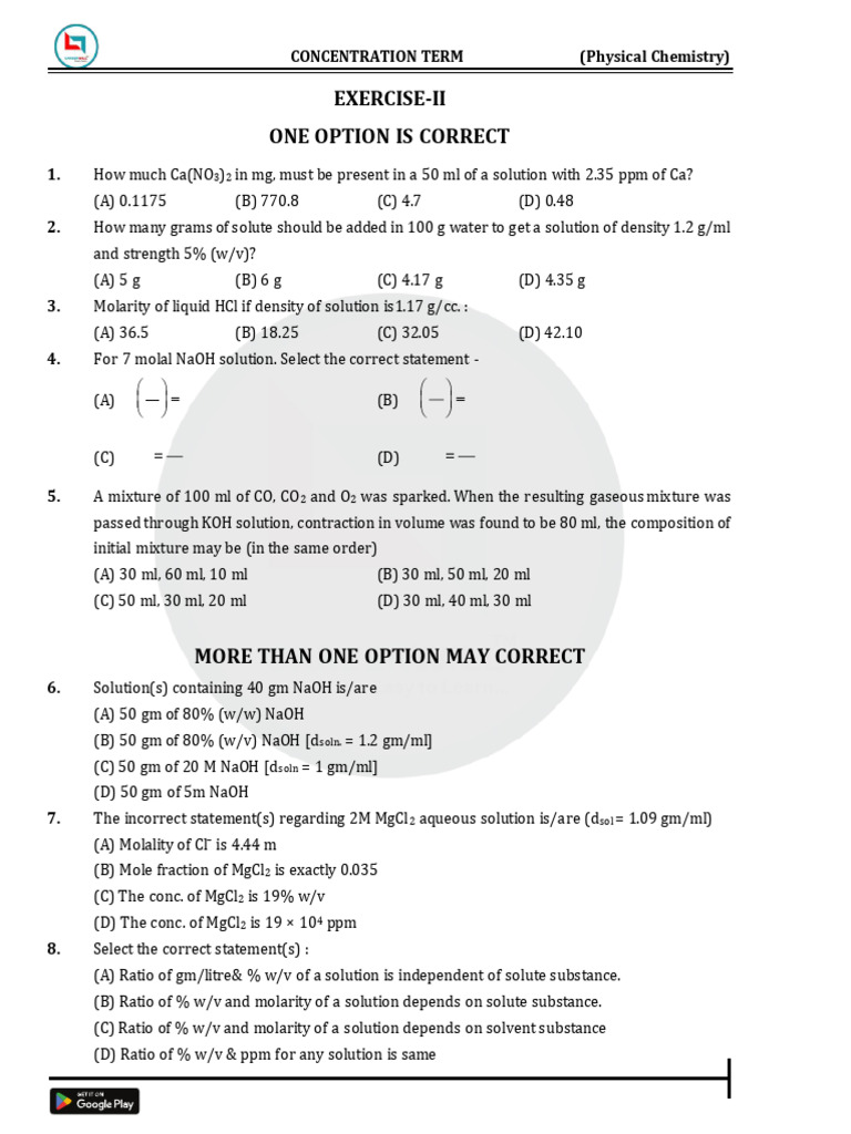 Sheet - 01 - Concentration Terms - 543553 - Crwill | PDF | Mass Concentration (Chemistry ...