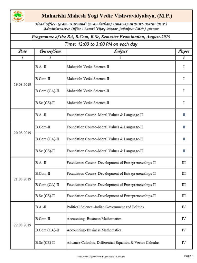 BA, B.com, B.sc. Time Table-2019 | PDF | Mathematical Analysis | Mathematics