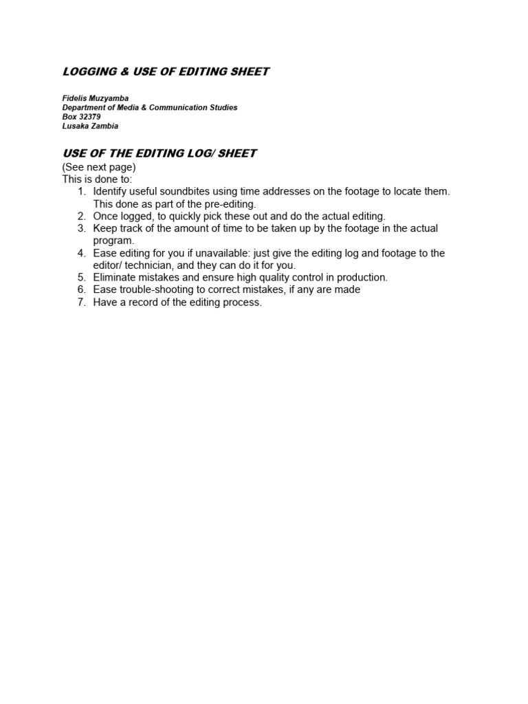 Logging & Use of Editing Sheet | PDF
