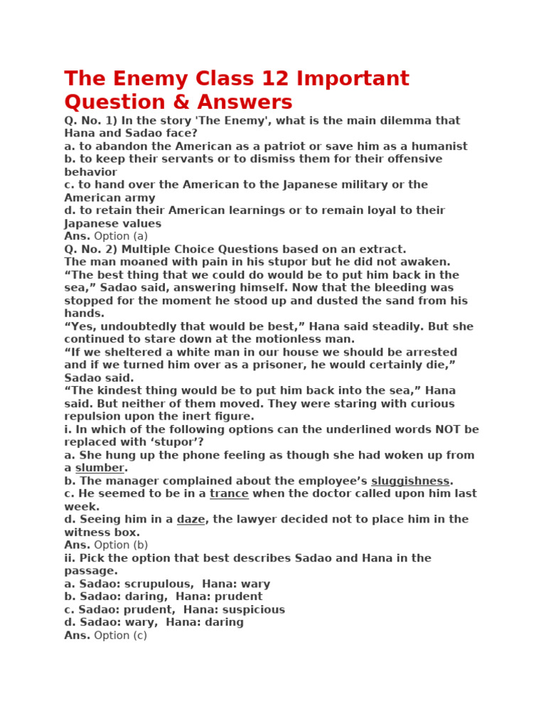 The Enemy Class 12 Important Question | PDF | Compassion | Love