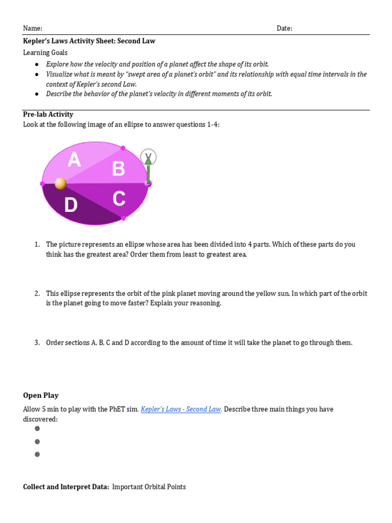 Kepler's Second Law Activity Sheet | PDF | Apsis | Orbit
