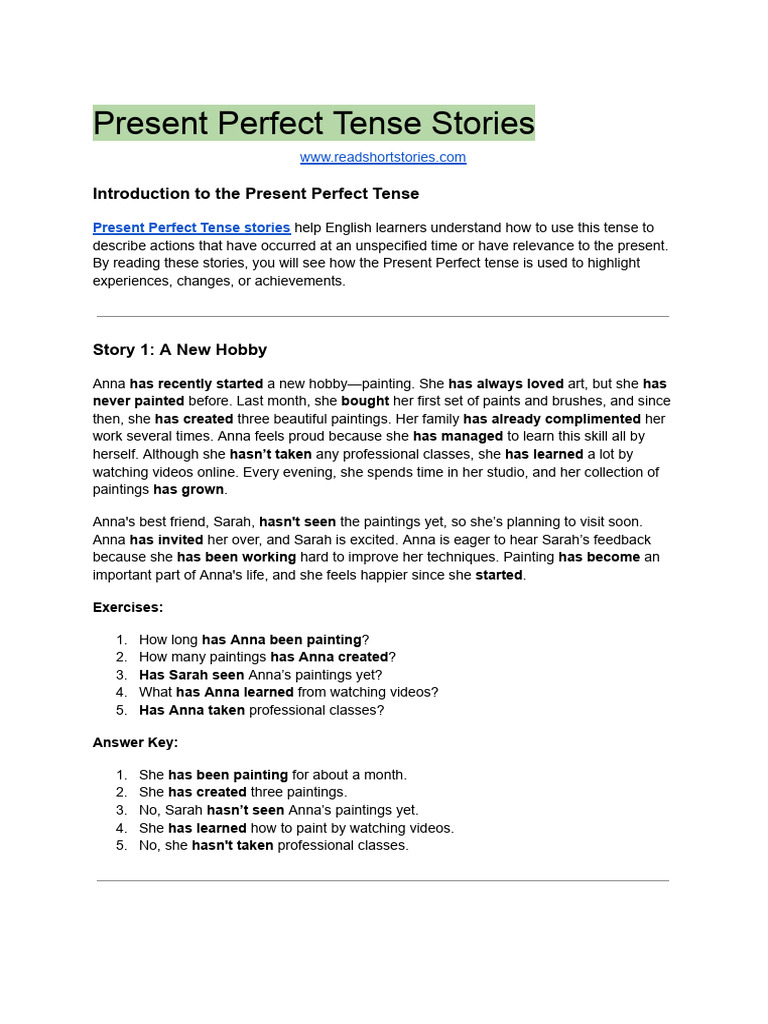 Present Perfect Tense Short Stories | PDF | Cooking | Pasta
