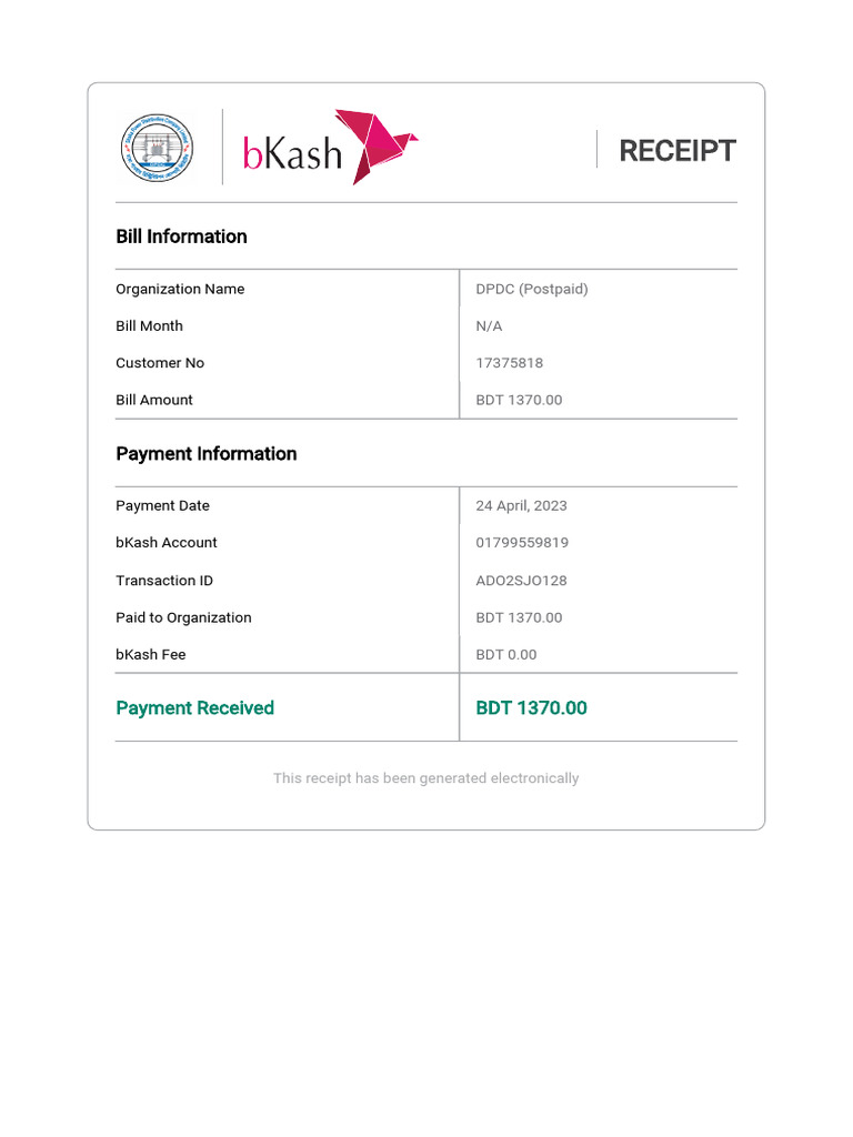 DPDC Postpaid Bill Receipt April 2023 | PDF