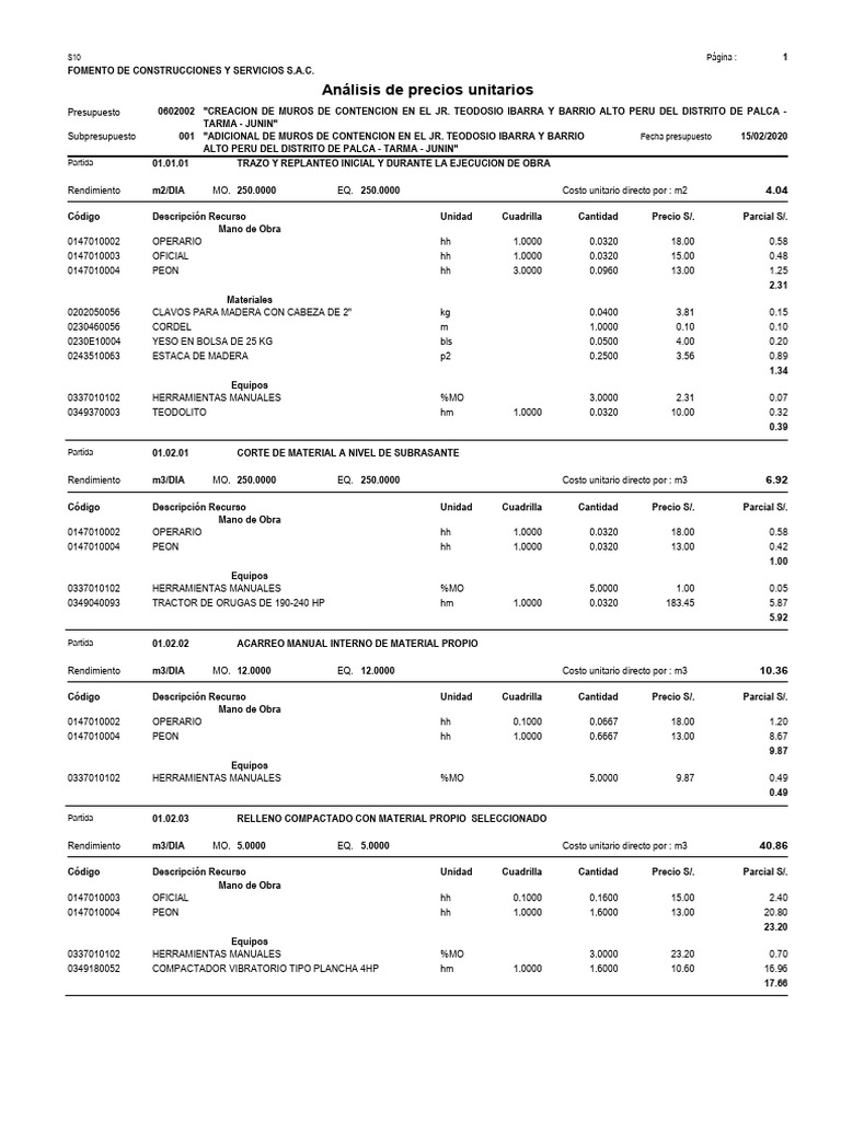 Precios Unitarios de Adicional de Muro | PDF | Hormigón | Infraestructura peatonal
