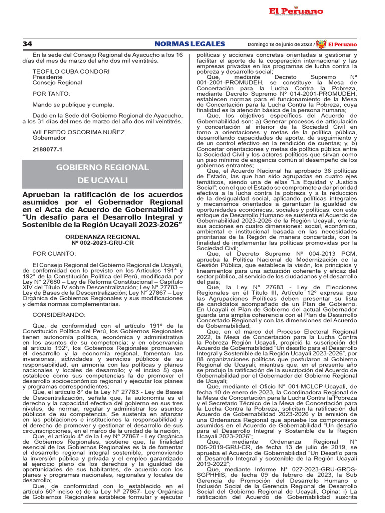 UCAYALI Ordenanza 002-2023 GRU CR El Peruano 18-06-23 | PDF | Perú | Gobierno local