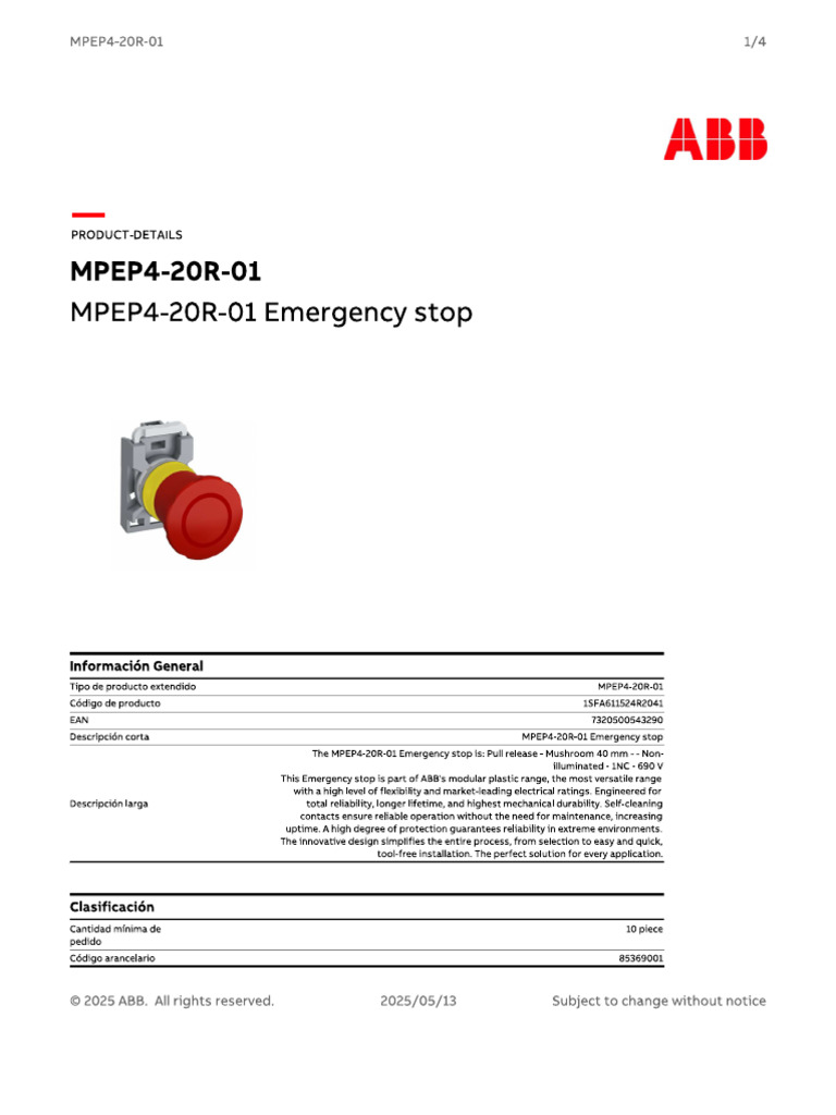 Boton Paro Emergencia Mpep4-20r-01, 40mm Abb 1nc, Push-Pull - 1sfa611524r2041 | PDF