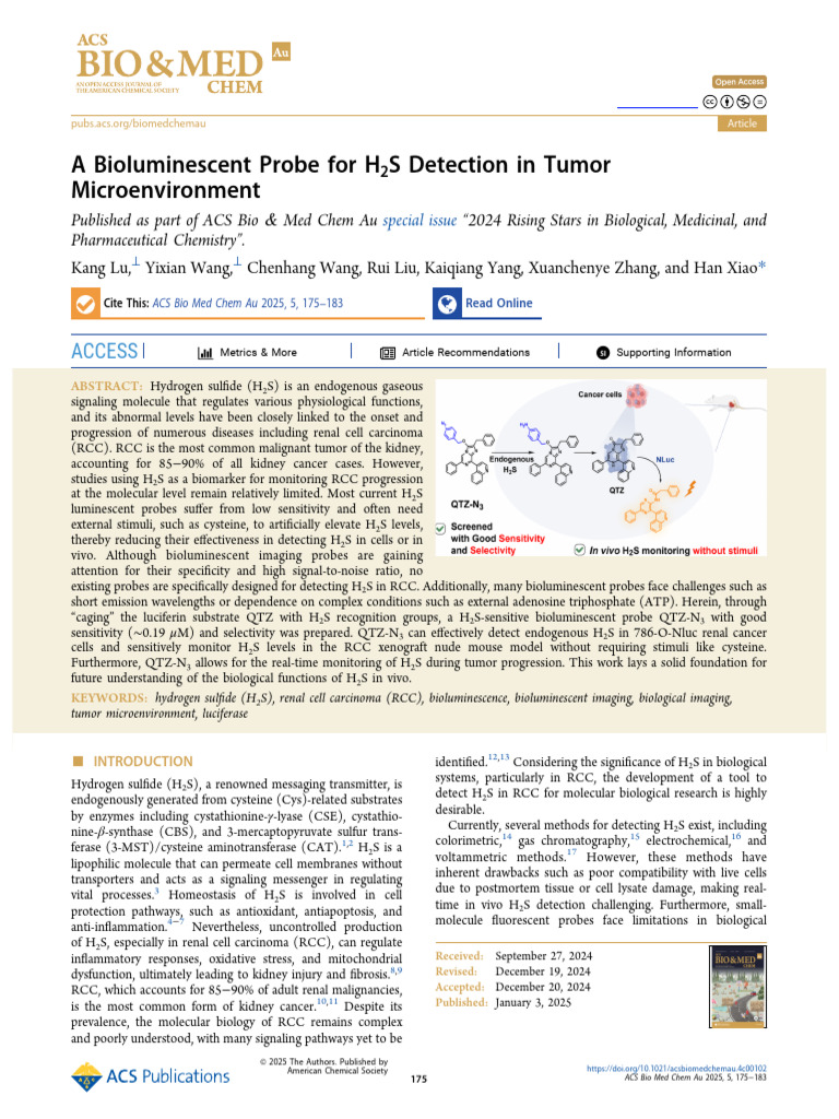 Lu Et Al 2025 A Bioluminescent Probe For h2s Detection in Tumor Microenvironment | PDF ...