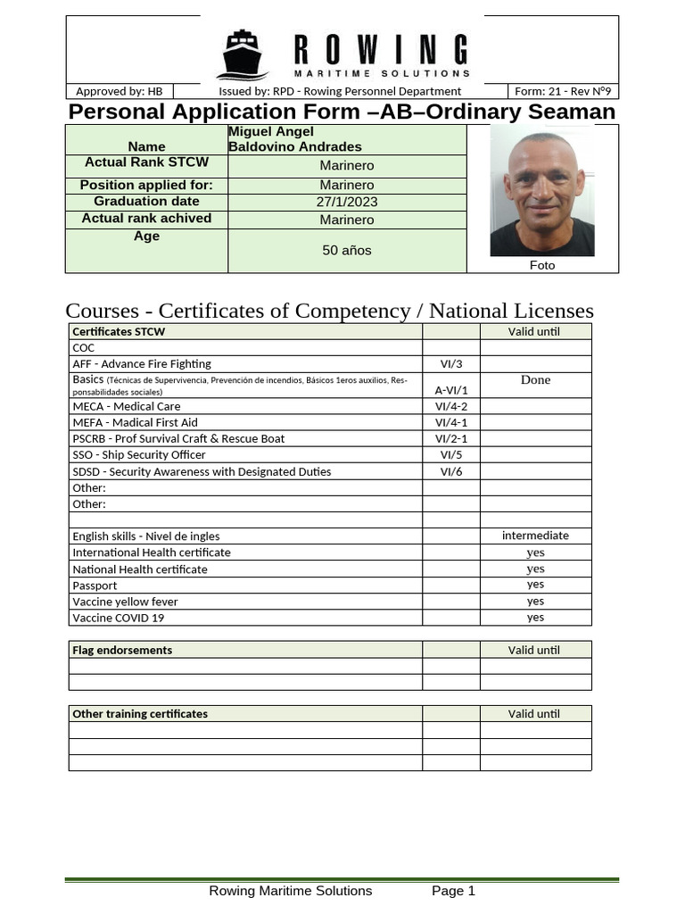 AB Personal Aplication Form CV AB Ordinary Seaman Marinero V9 Dec24 | PDF | Sailor