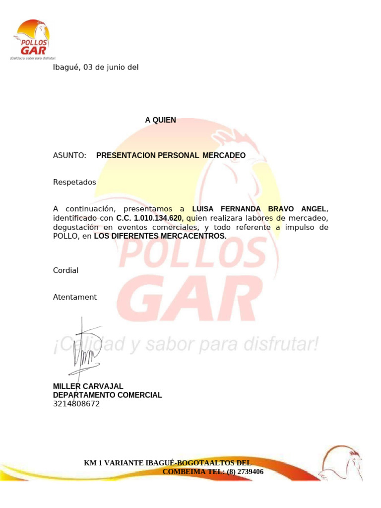 Formato Carta de Presentacion Yeison | PDF