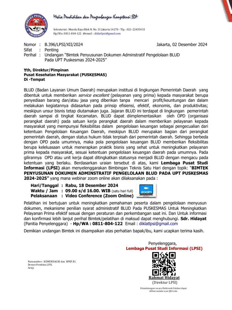 Undangan Bimtek Penyusunan Dokumen Adminstratif Pengelolaan BLUD Puskesmas 2024-2025 | PDF
