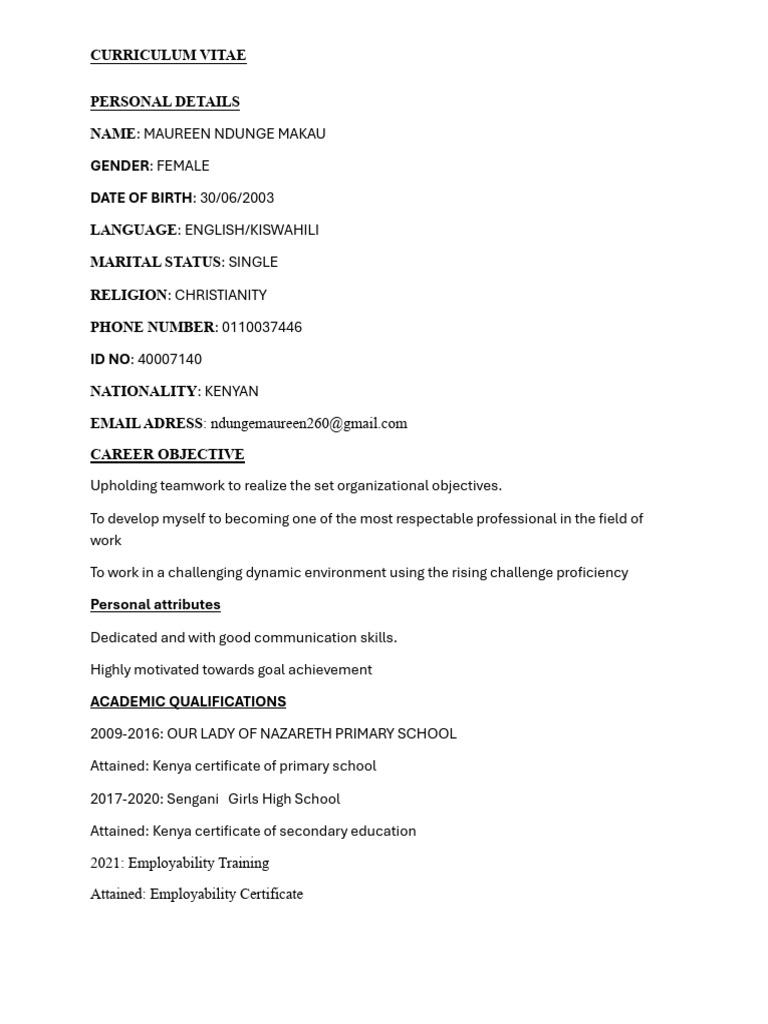 Maureen Ndunge Makau CV Summary | PDF