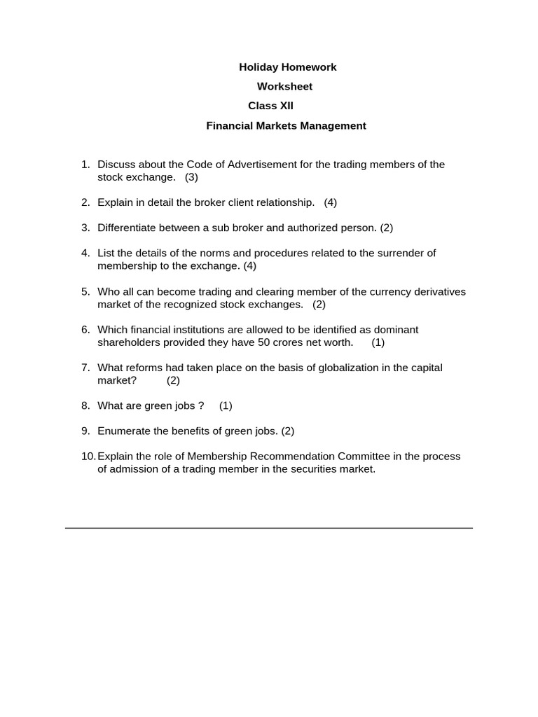 FMM, Xii, Holiday Homework 2025. Financial Market Management Xii D 15-05-2025 | PDF