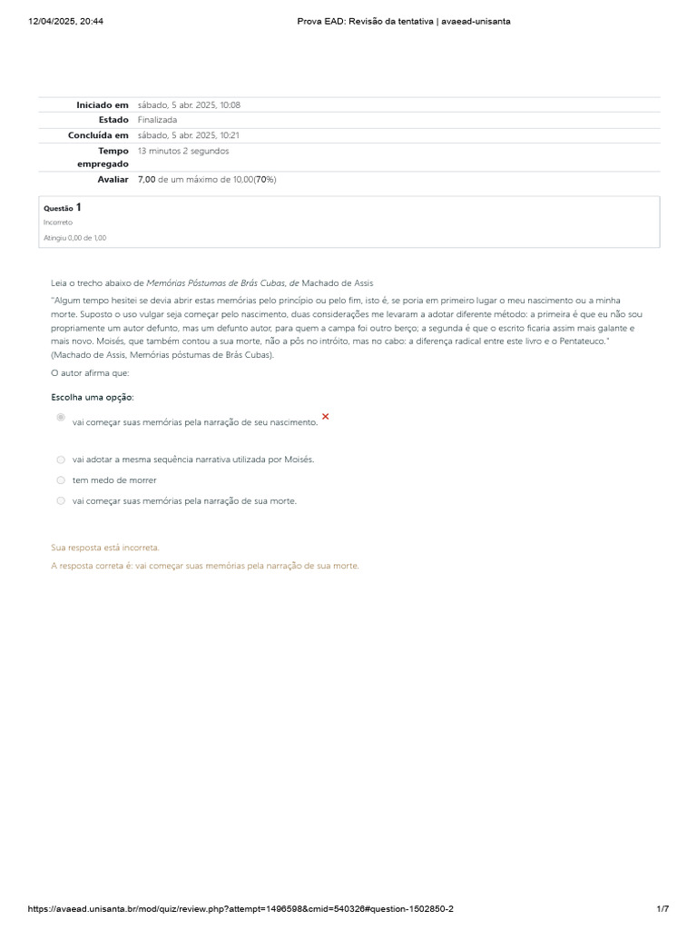 Prova EAD - Revisão Da Tentativa - Avaead-Unisanta | PDF | Escrita