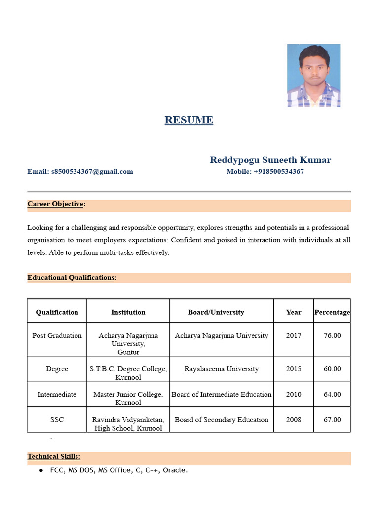 Resume of Suneeth Kumar - Docx-1 | PDF
