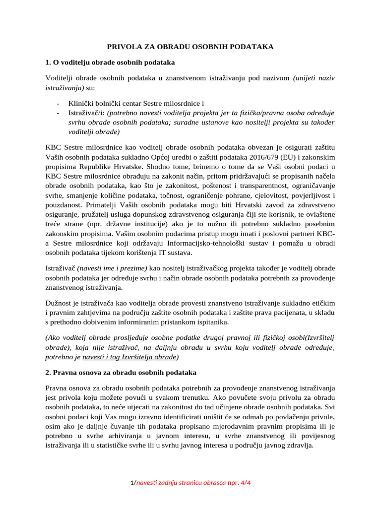 PRIVOLA-NA-OBRADU-OSOBNIH-PODATAKA-ZNANSTVENA-ISTRAZIVANJA-1 | PDF