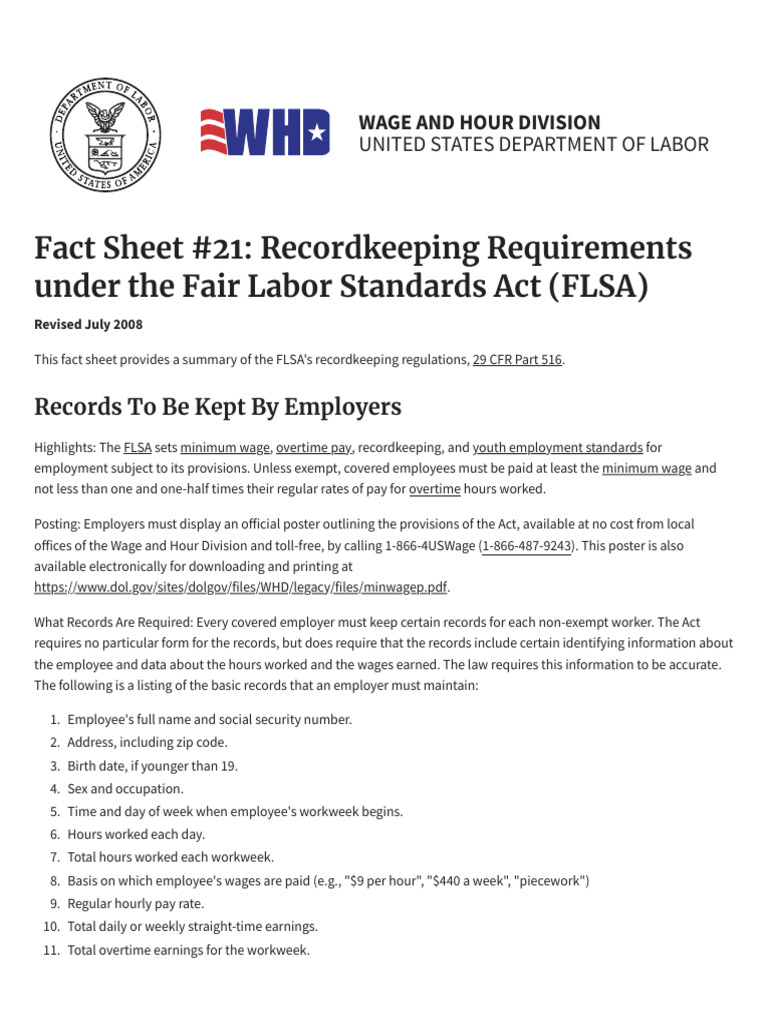 FLSA Recordkeeping Duration Explained | PDF | Overtime | Employment