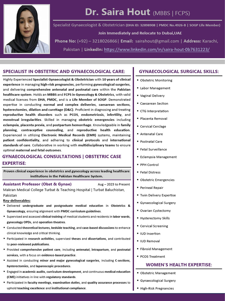 Dr. Saira Hout: Gynaecology Expert | PDF | Obstetrics | Gynaecology