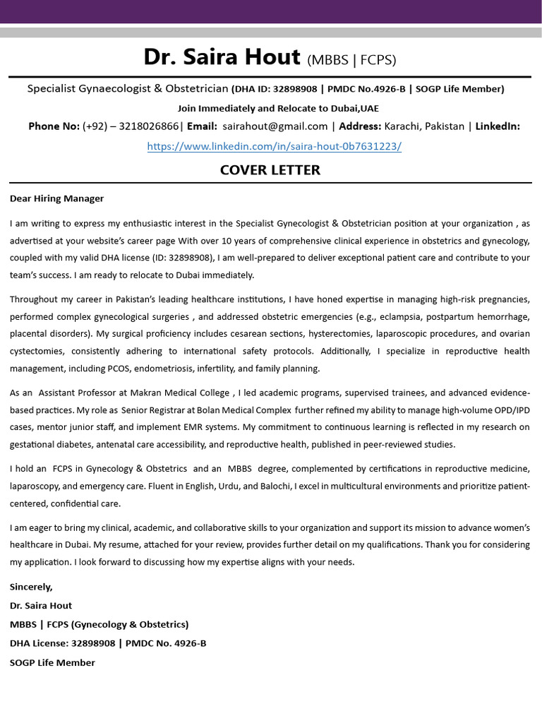 Dr. Saira Hout Cover Letter-Specialist Gynecologist & Obstetrician DHA ...
