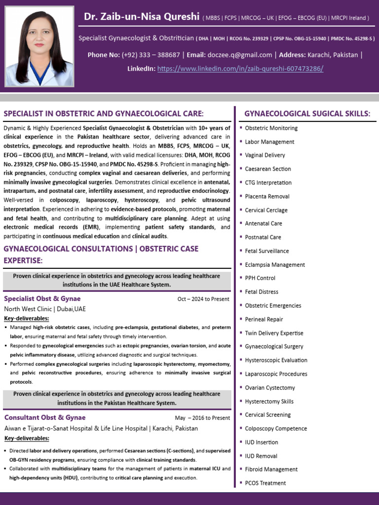 Dr. Zaib-un-Nisa Qureshi: Gynaecologist | PDF | Obstetrics | Gynaecology