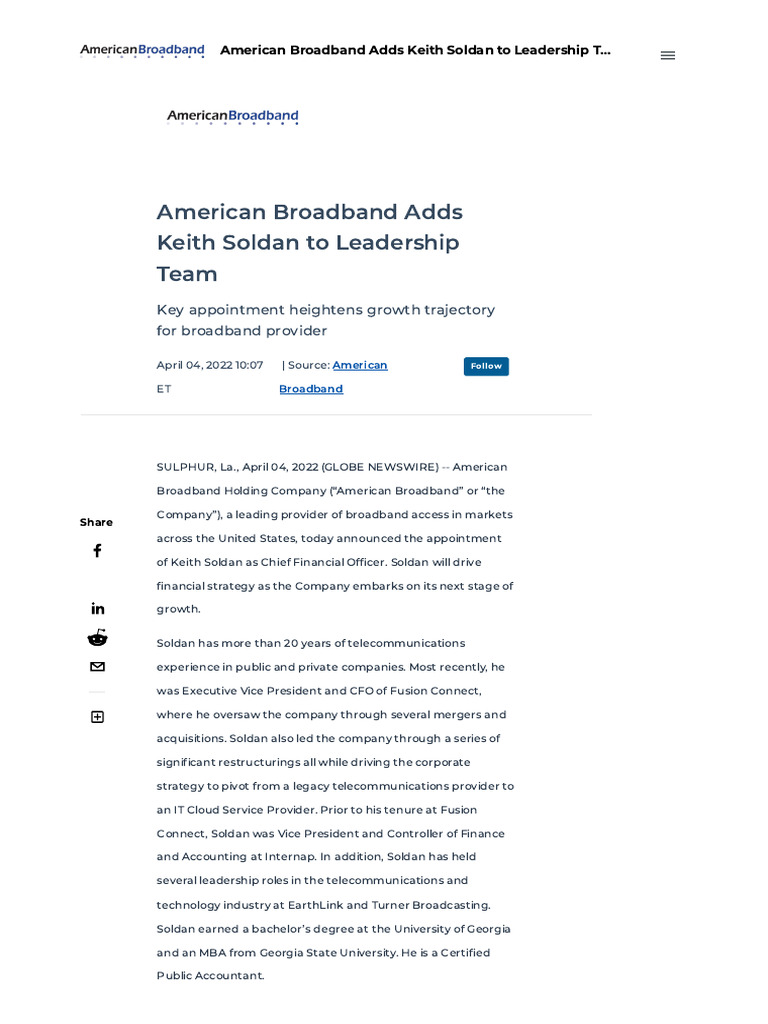 American Broadband Adds Keith Soldan To Leadership Team | PDF | Service ...
