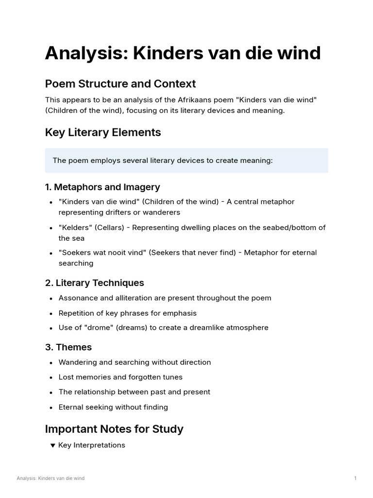 Analysis of "Kinders van die Wind" Poem | PDF | Poetry | Metaphor