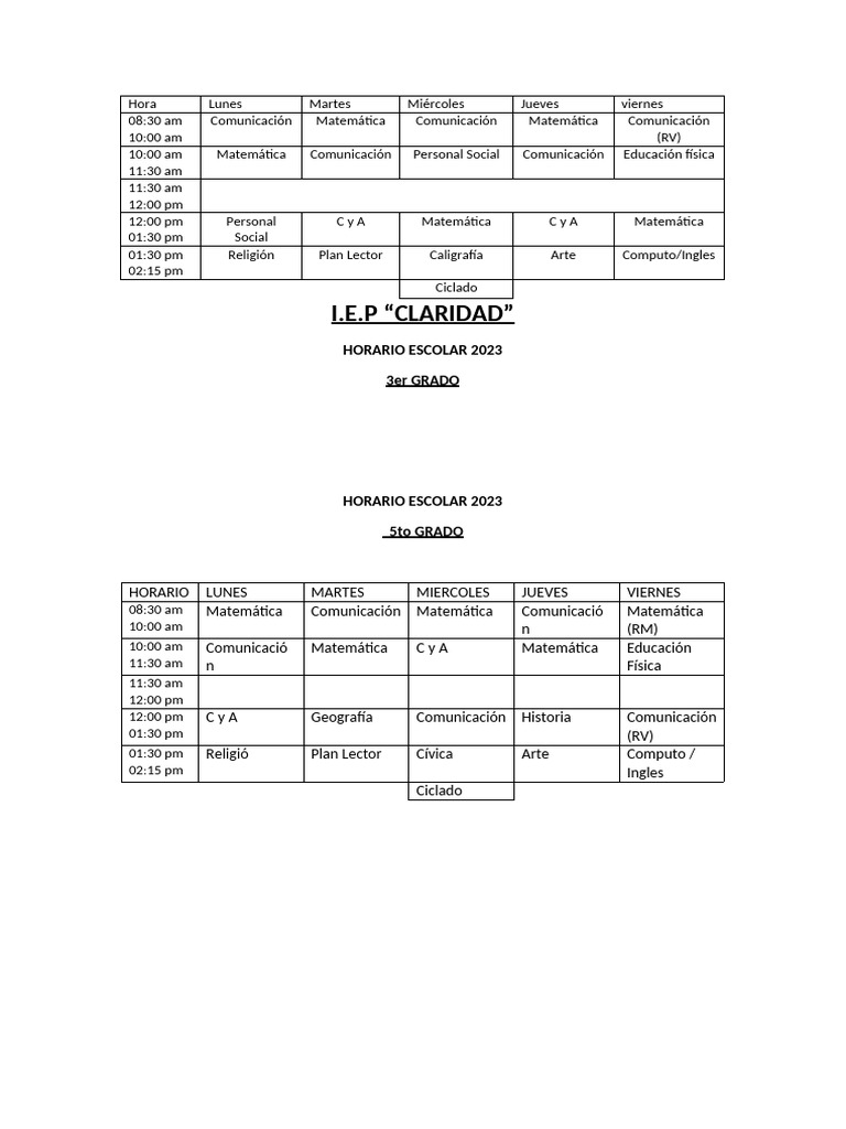 Horario Escolar 2023 para 3er y 5to Grado | PDF