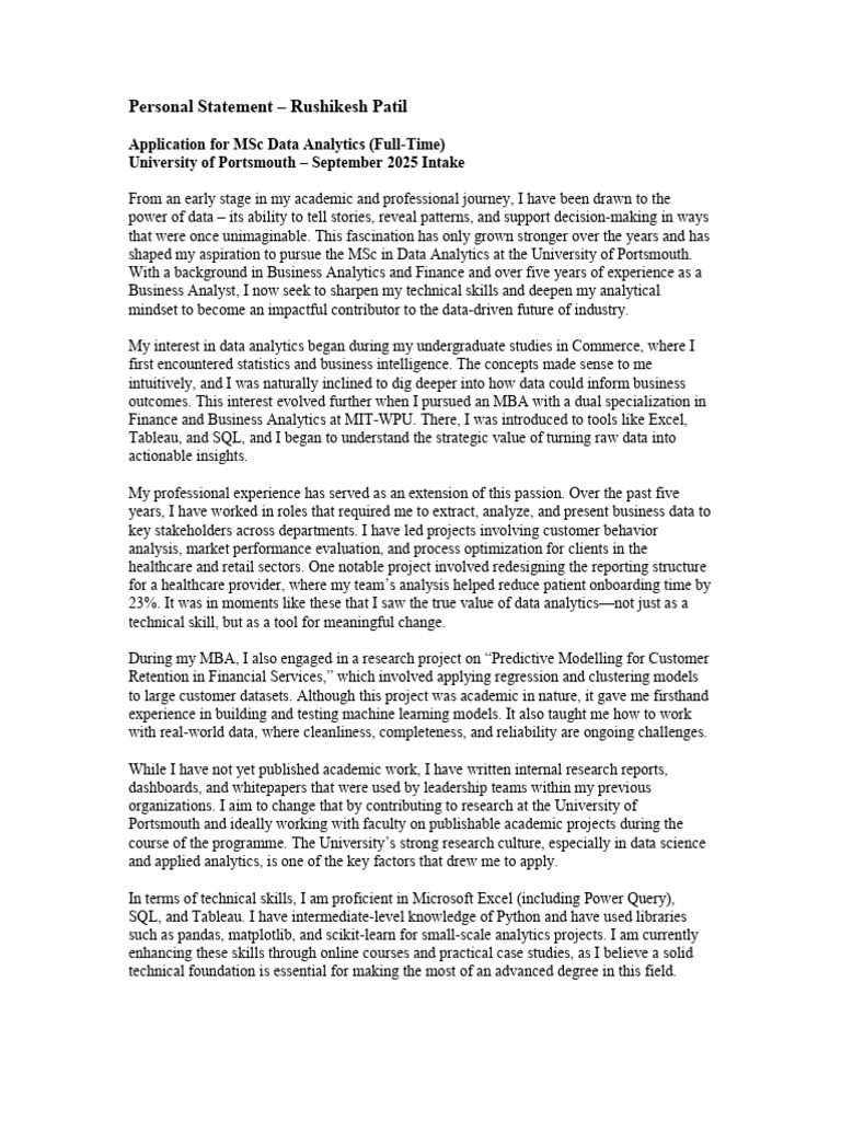 Personal Statement - Rushikesh Patil - UP | PDF | Analytics | Data Analysis
