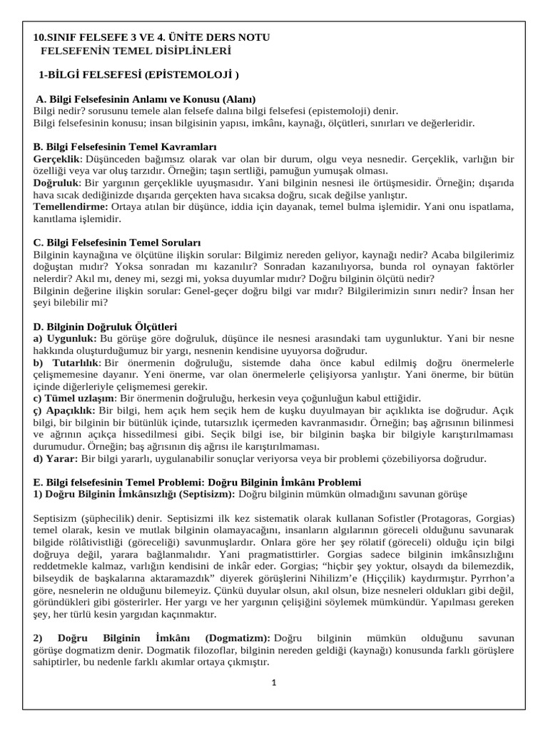 10.SINIF FELSEFE 3. Ve 4. ÜNİTE DERS NOTU | PDF
