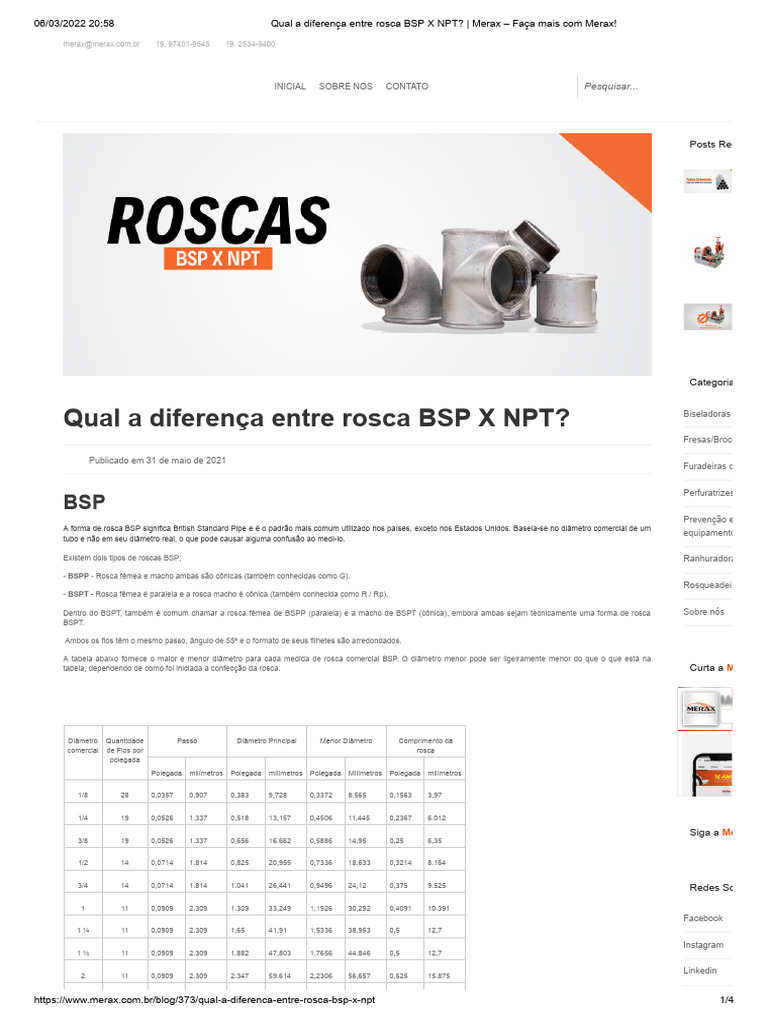 Rosca NPT - Rosca Cônica | PDF | Diâmetro | Máquinas