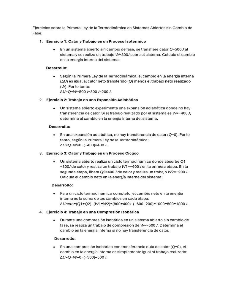Ejercicios Resueltos Sobre La Primera Ley de La Termodinámica en Sistemas Abiertos Sin Cambio de ...